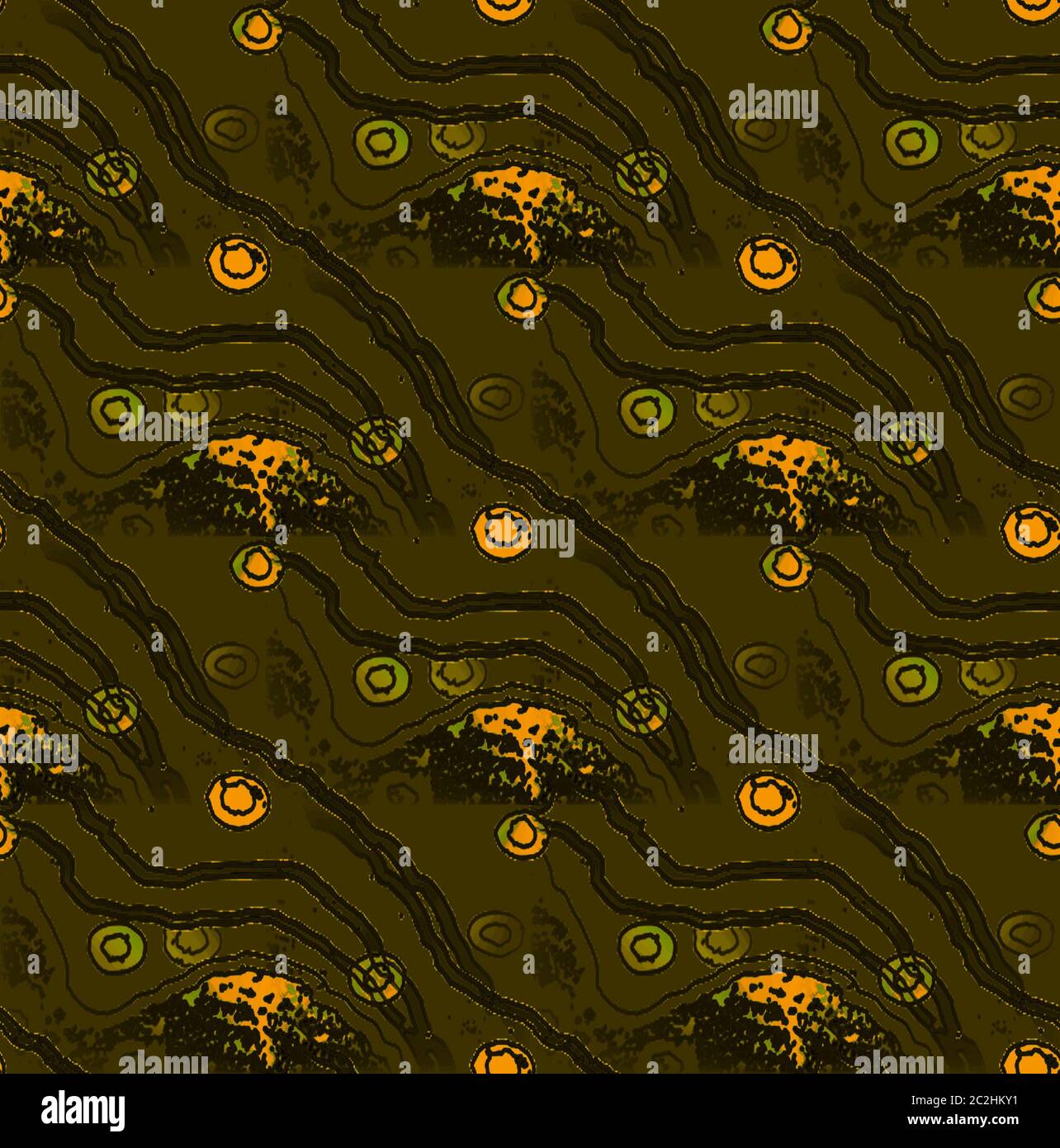 Regular seamless dark brown pattern with wavy lines and concentric ...