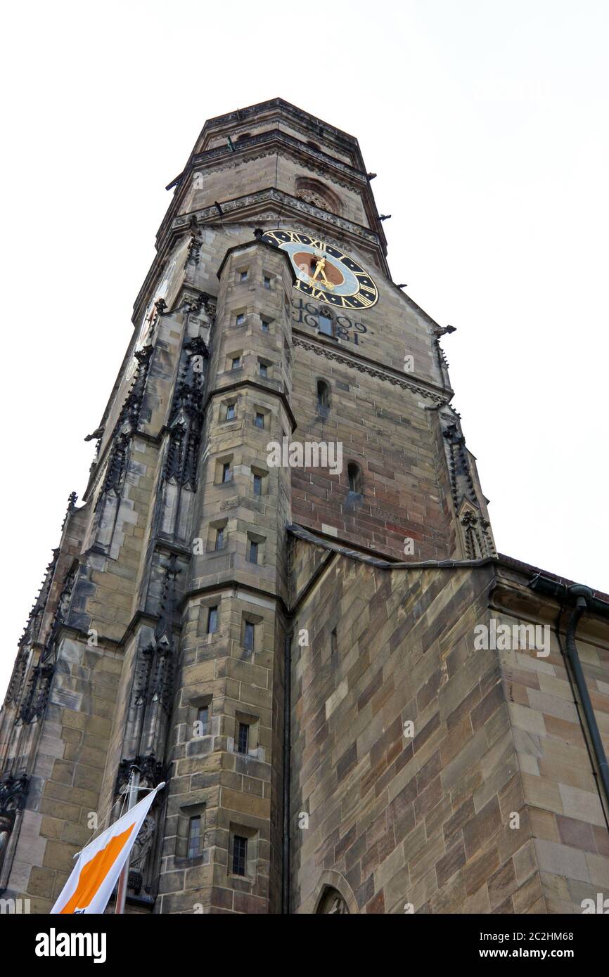 Tower in Gothic style of Stiftskirche church in Stuttgart, Germany ...