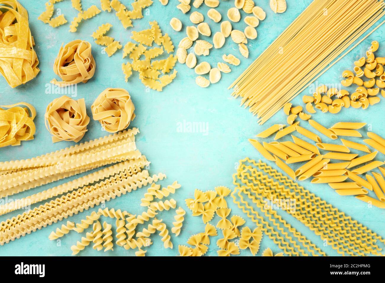 Italian pasta, flat lay banner with copy space, an overhead shot on a ...