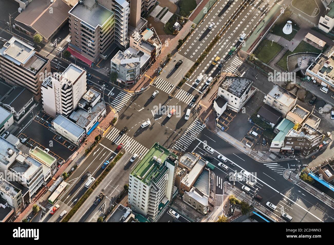 Urban road intersection from above with passing cars, aerial view Stock ...
