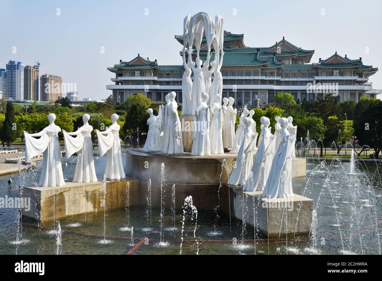 Pyongyang, North Korea - April 29, 2019: Sculptural group and fountain ...