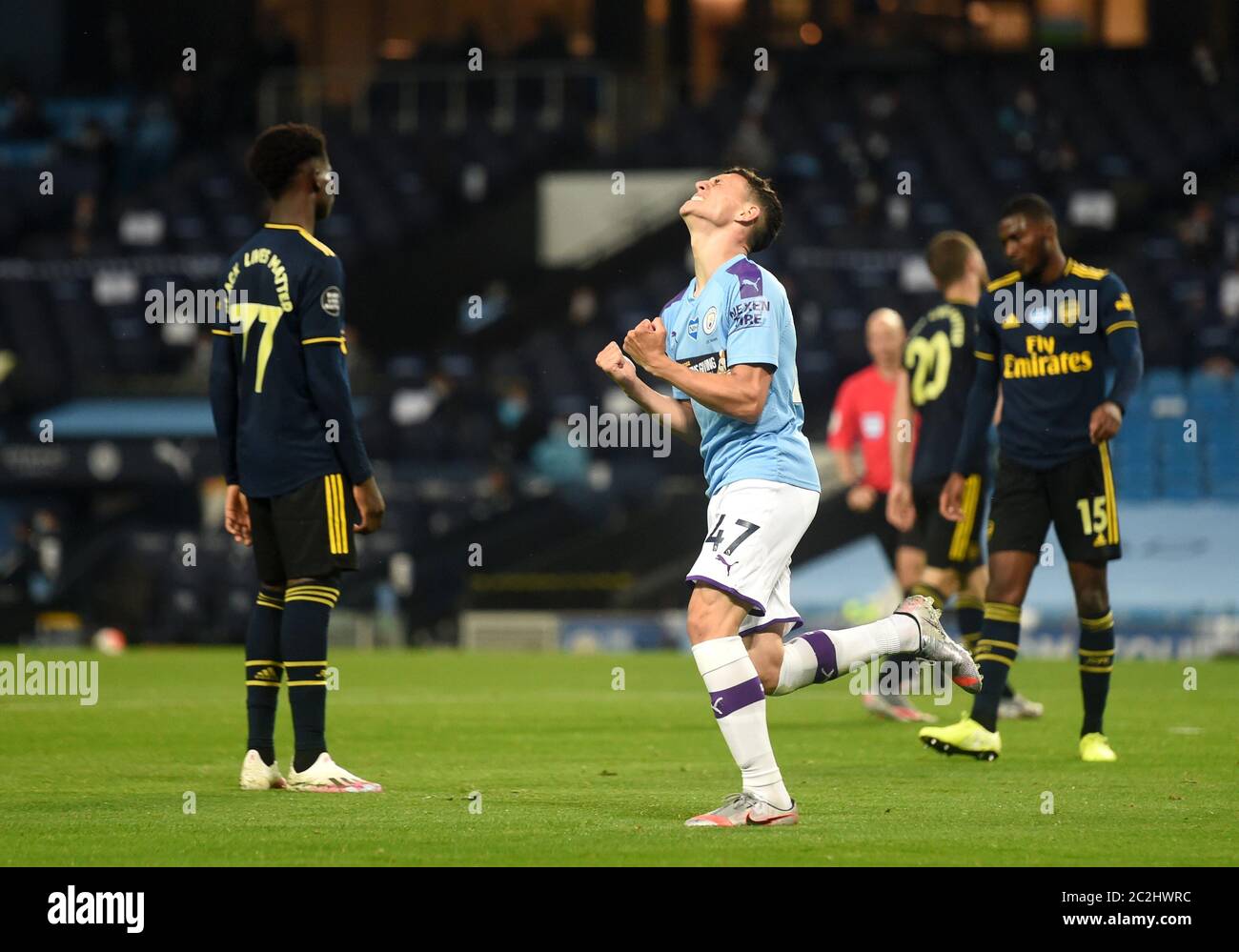 Manchester City's Phil Foden celebrates scoring his side's third goal ...