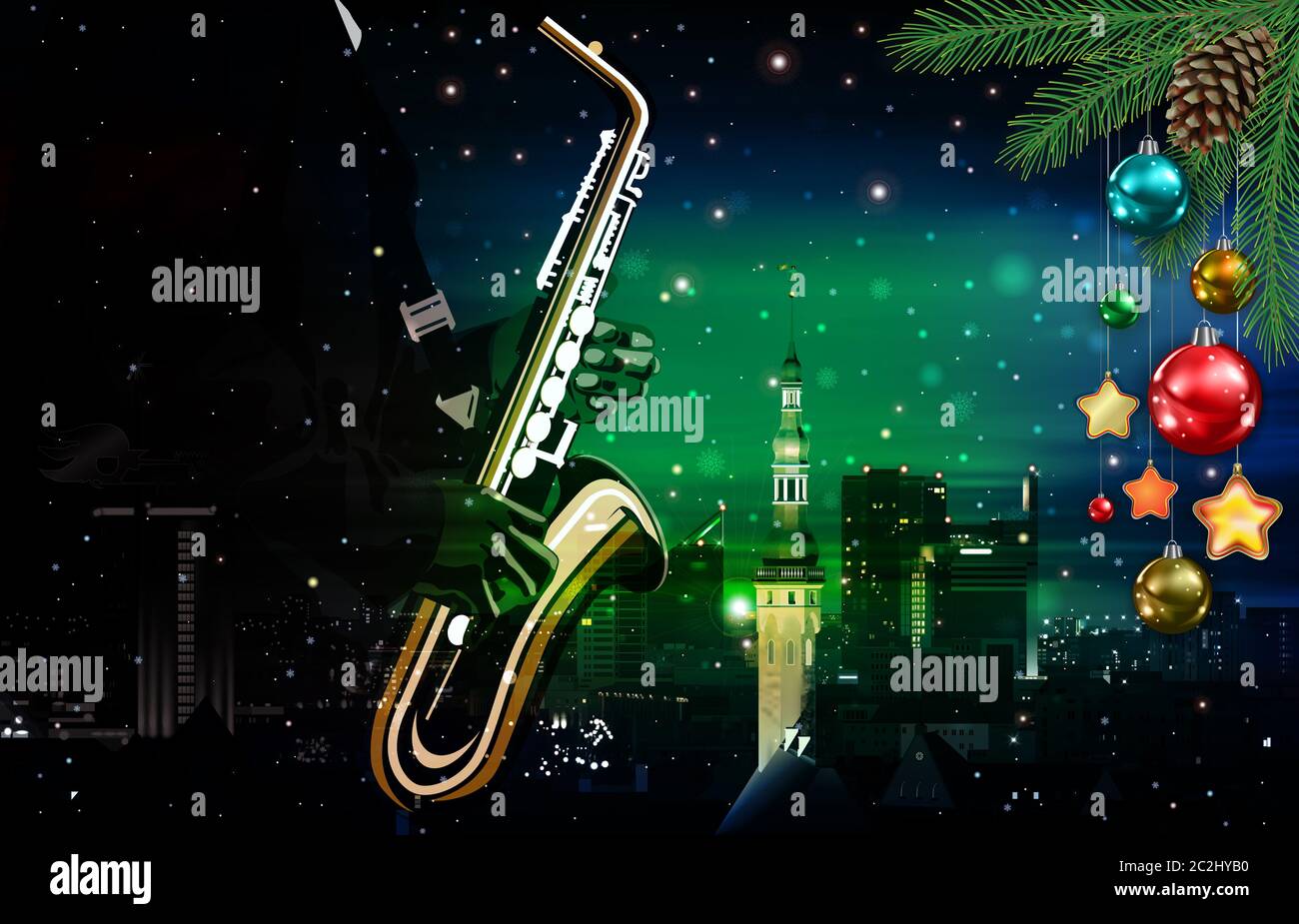 Christmas green music illustration with saxophone player on cityscape ...