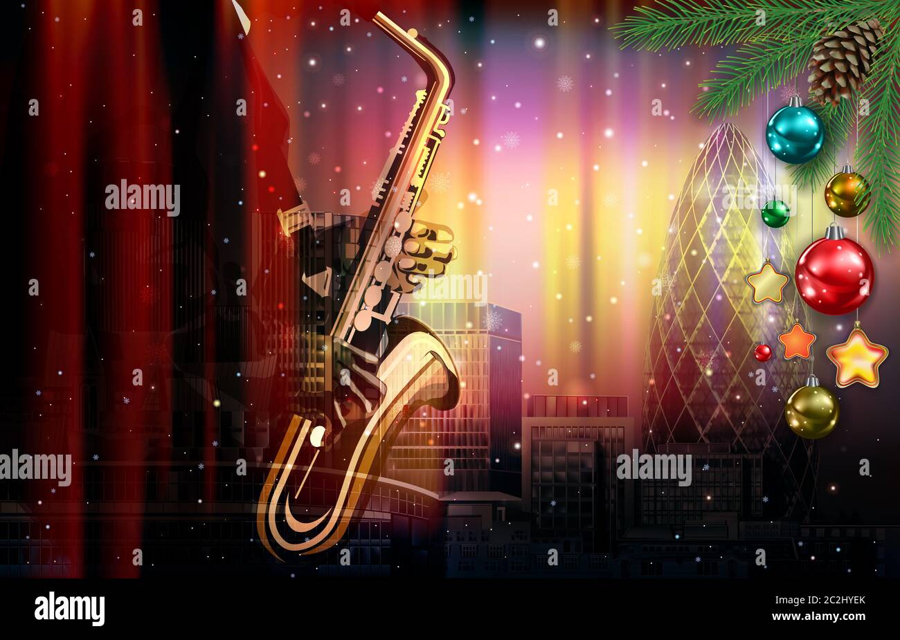 Christmas red music illustration with saxophone player on cityscape of ...