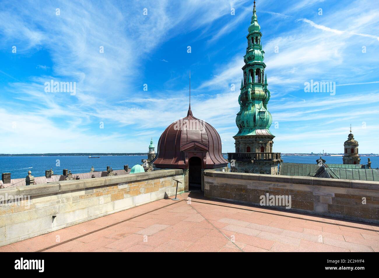 Medieval Kronborg Castle on the Oresund Strait, view from the tower ...