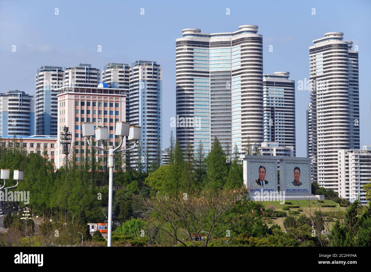 Pyongyang, North Korea - April 30, 2019: View of the downtown Pyongyang ...