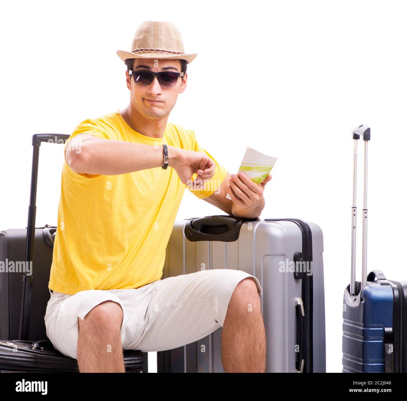 Happy young man going on summer vacation isolated on white Stock Photo ...