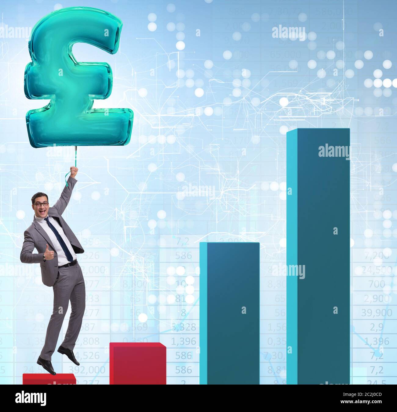 The businessman flying on british pound sign inflatable balloon Stock ...