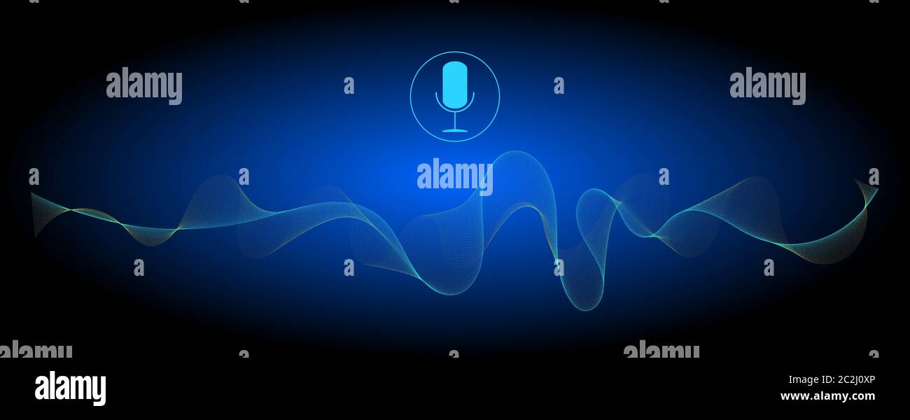 glossy blue Voice Recognition with a microphone and soundwaves â ...