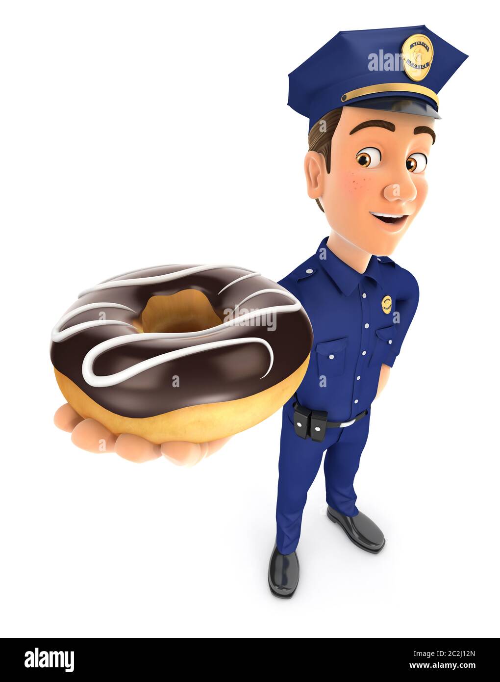 3d policeman standing and holding donut, illustration with isolated ...
