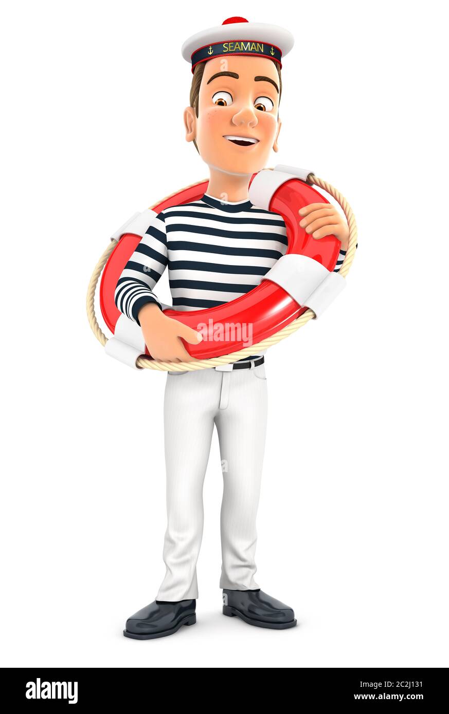 3d seaman standing with life buoy, illustration with isolated white ...