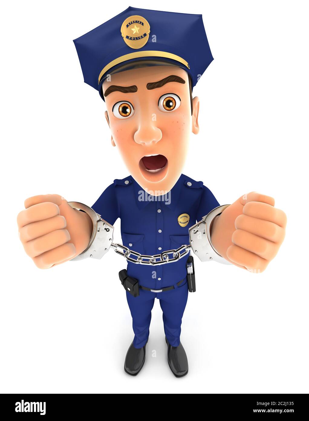 3d policeman under arrest and handcuffed, illustration with isolated ...