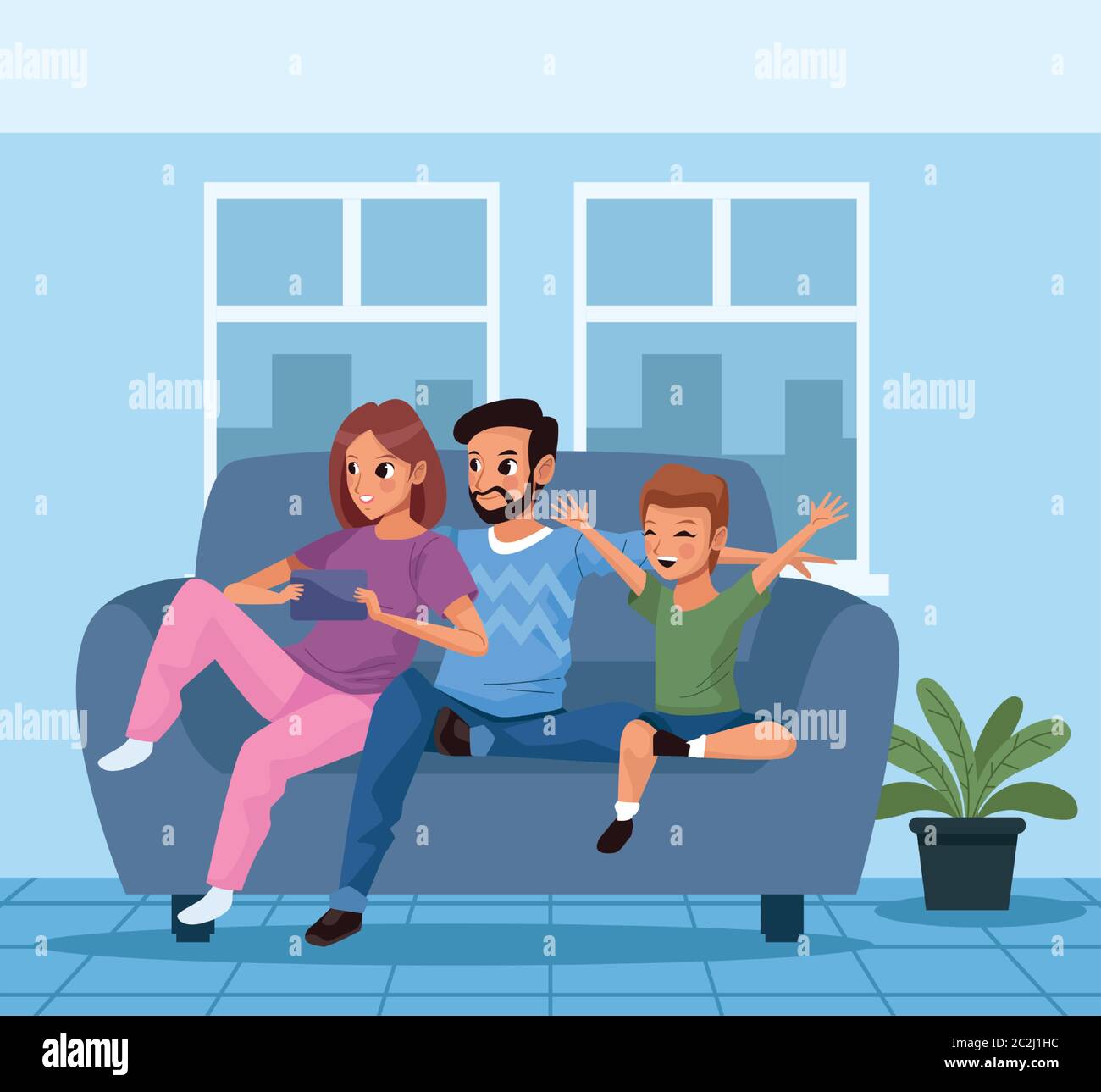 parents couple and son Stay at Home family campaign vector illustration ...