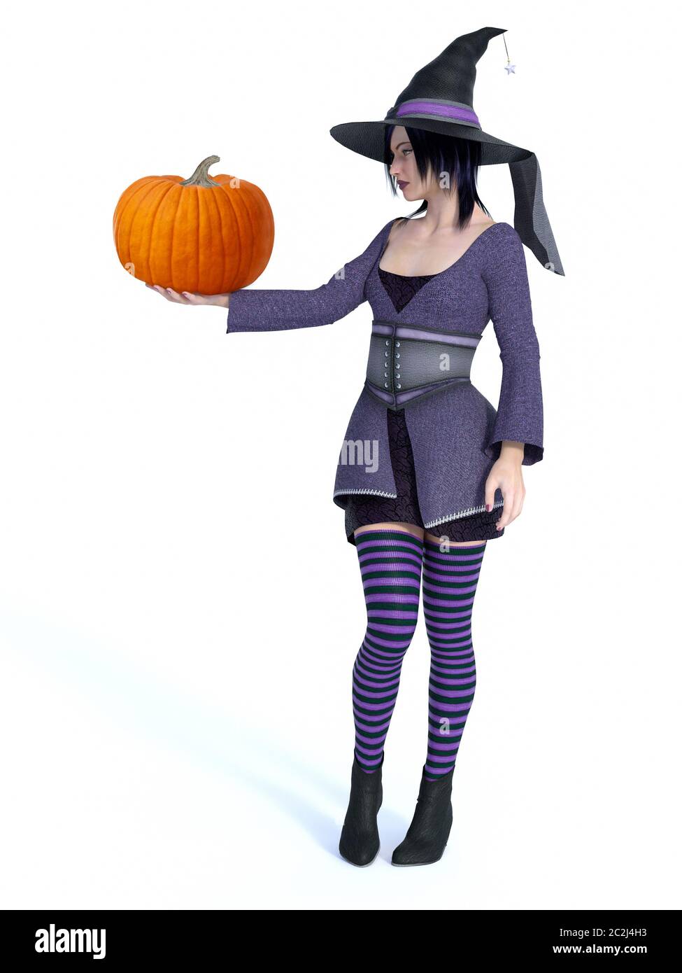 3D rendering of a cute pin-up styled witch dressed in purple clothes ...