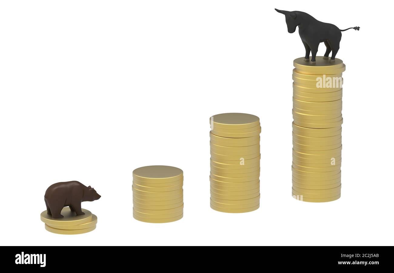 Bull and Bear on Gold Coin Pile Stock Photo - Alamy