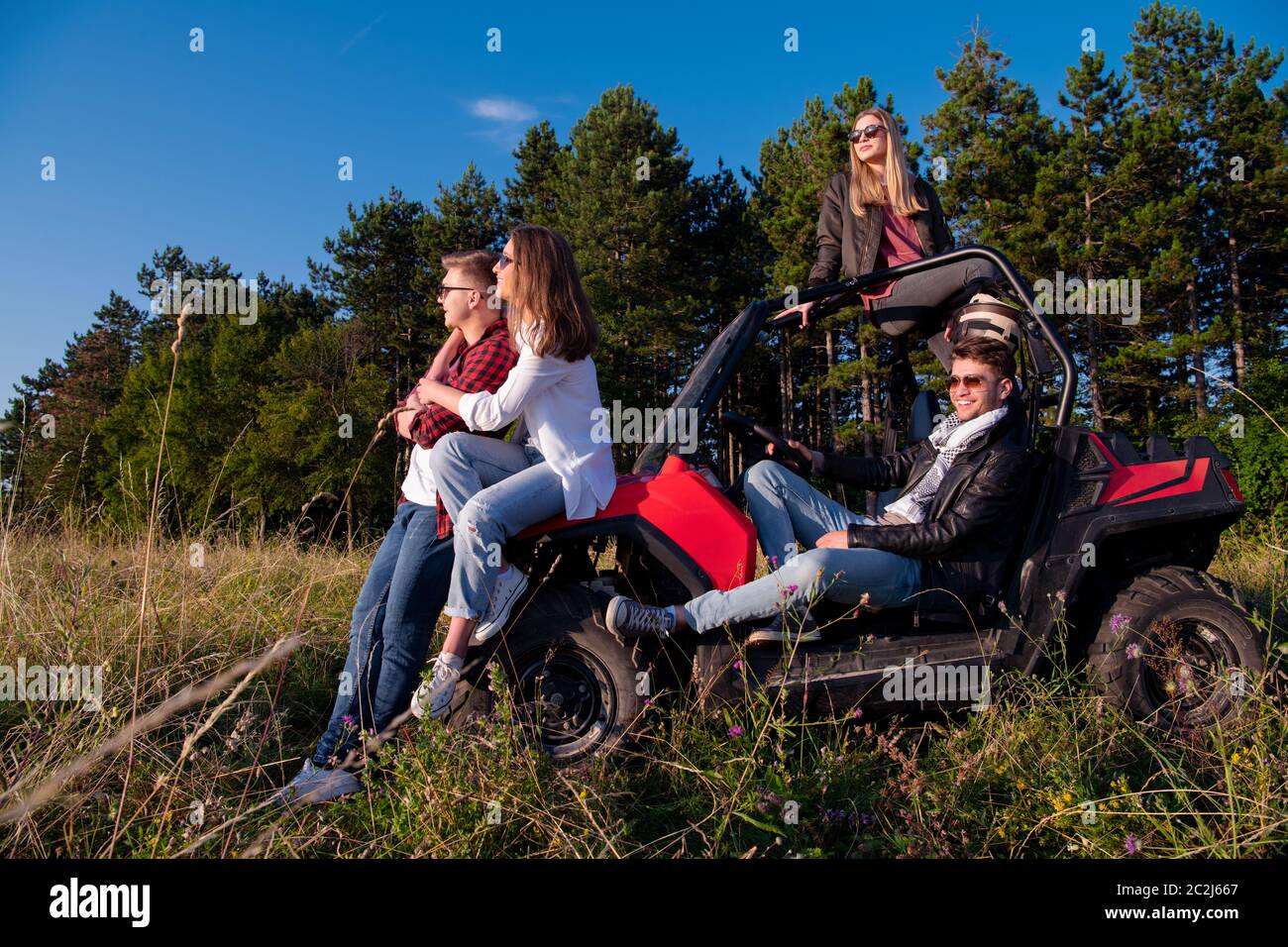 group of young people driving a off road buggy car Stock Photo - Alamy