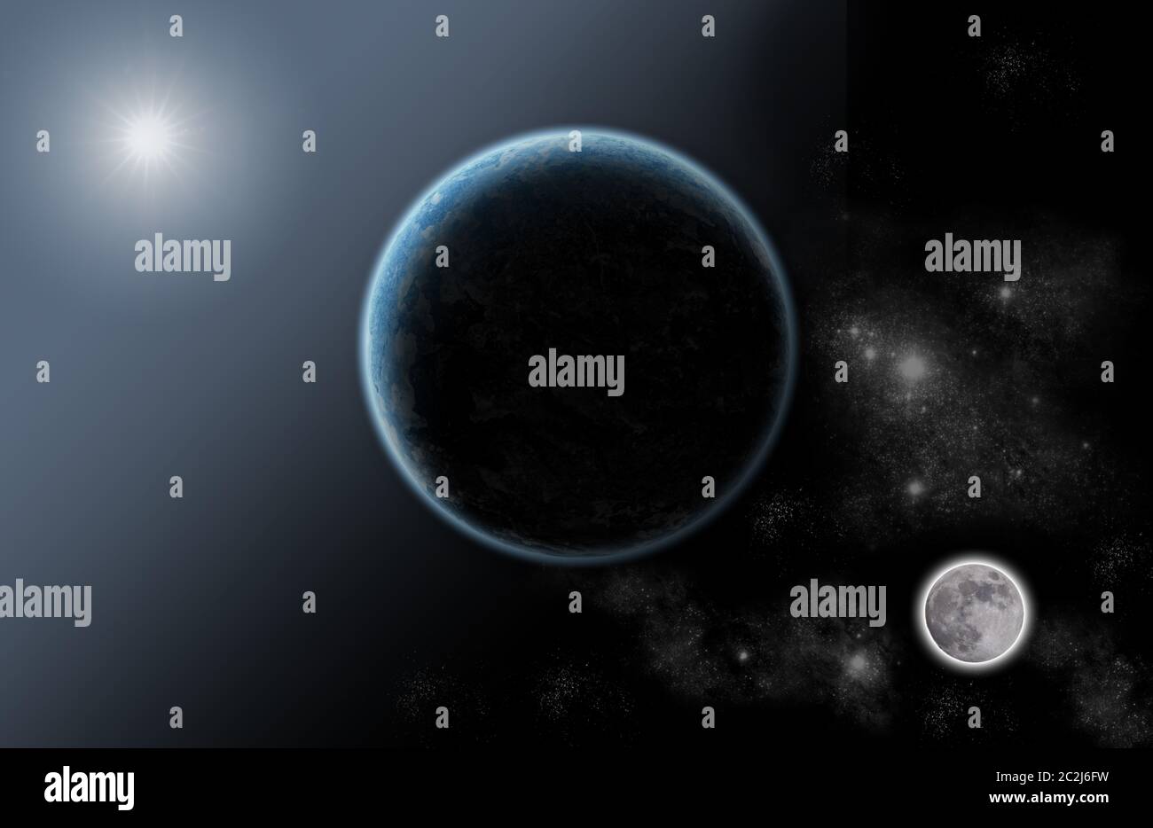 Solar system, the galaxy, with stars clouds moon and sun Stock Photo ...