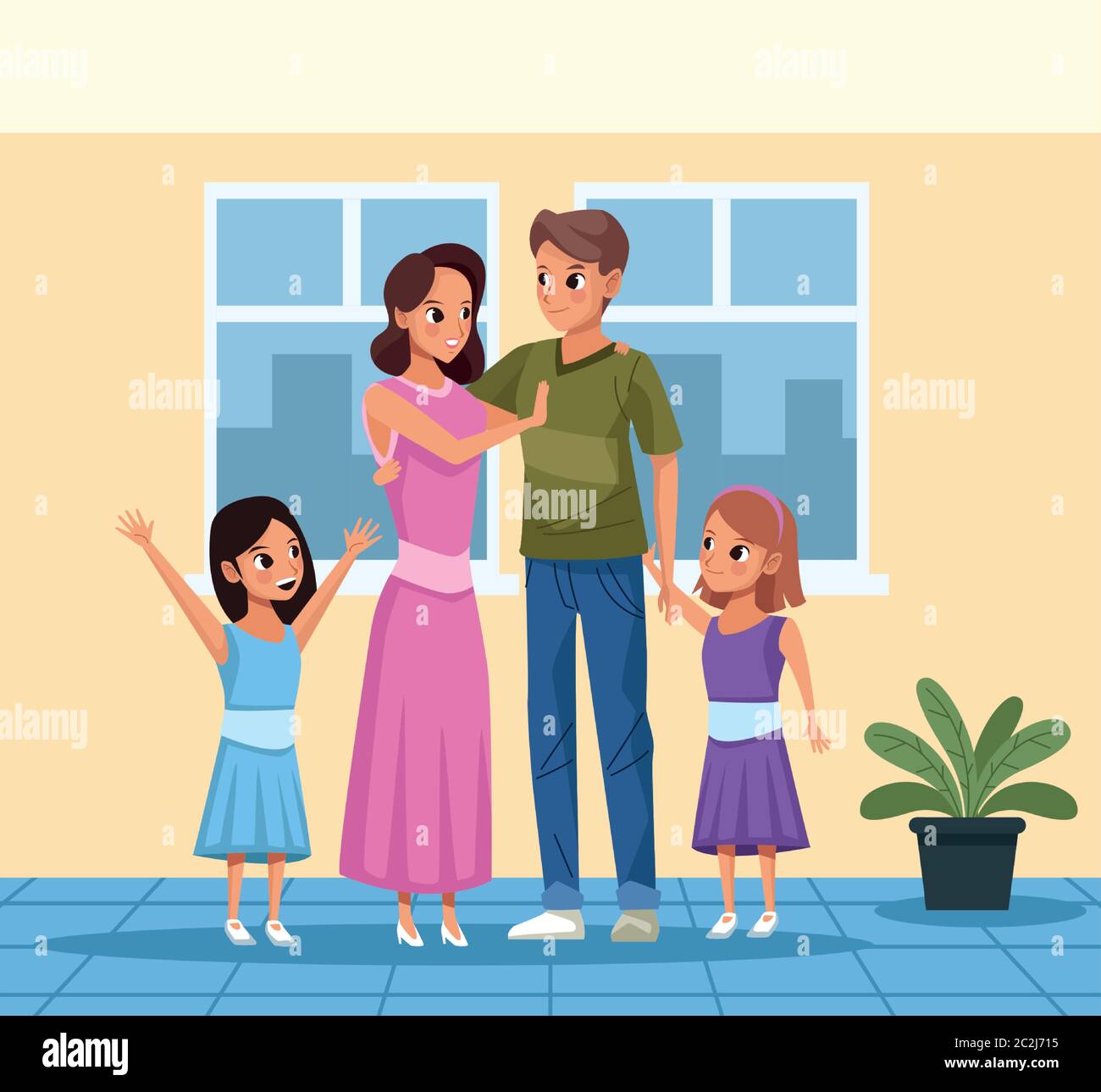 parents couple and daughters Stay at Home family campaign vector ...