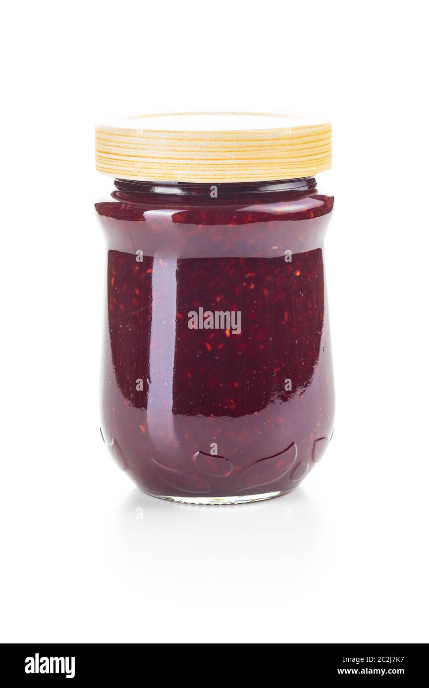 Raspberry jam in jar isolated on white background Stock Photo - Alamy
