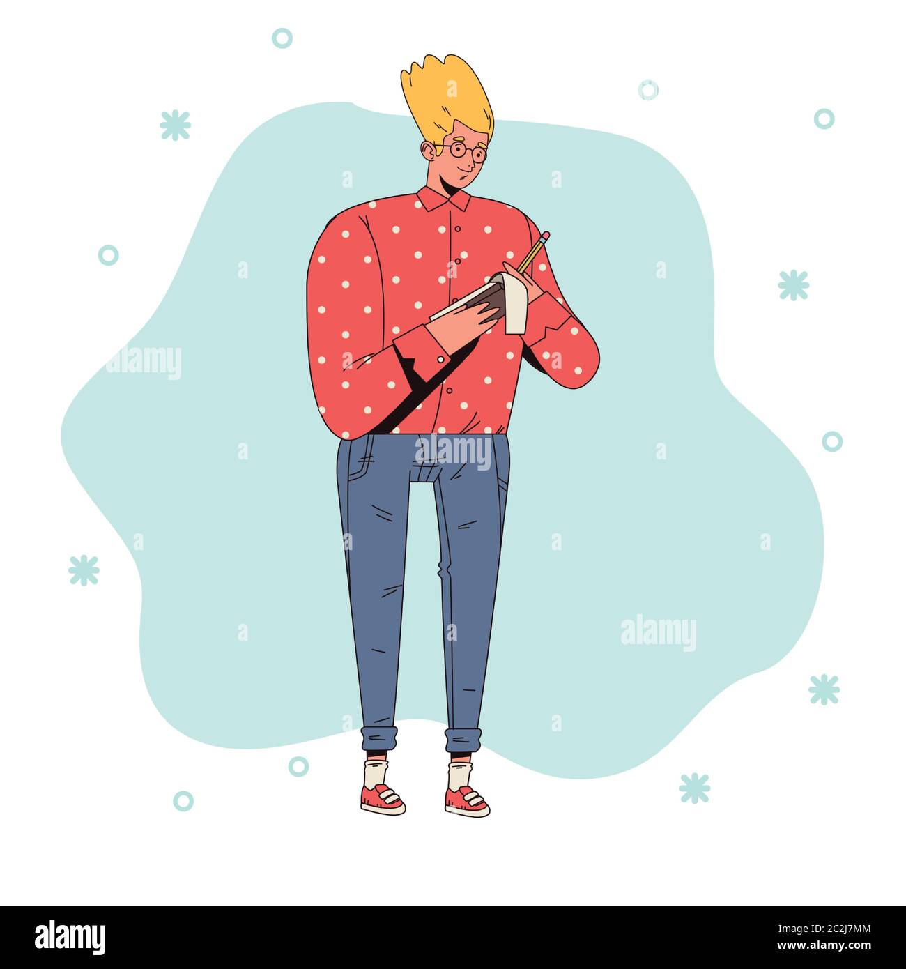 young man writing with pencil in notebook character vector illustration ...