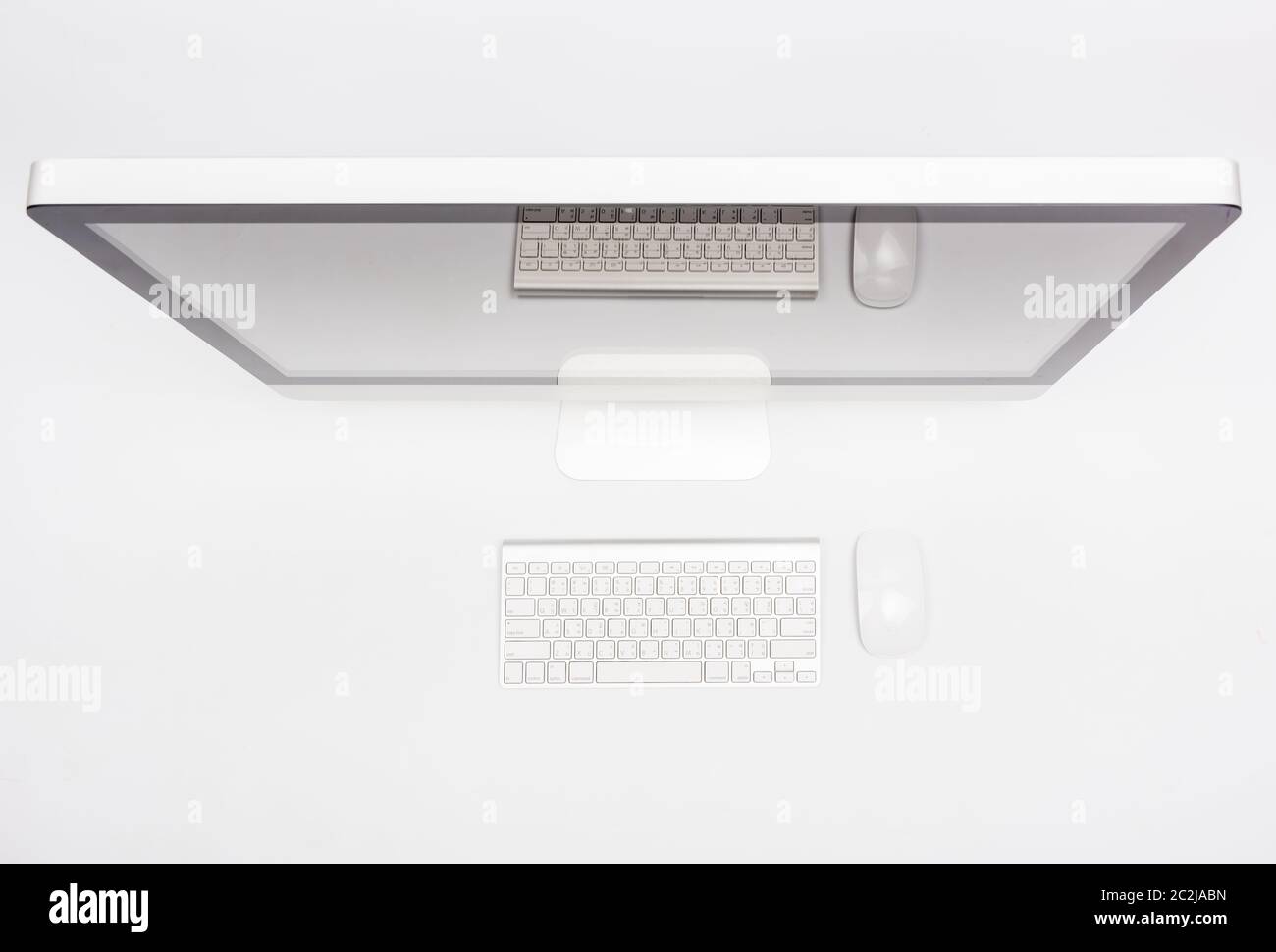 Top view monitor computer retina display, mouse, keyboard and blank ...