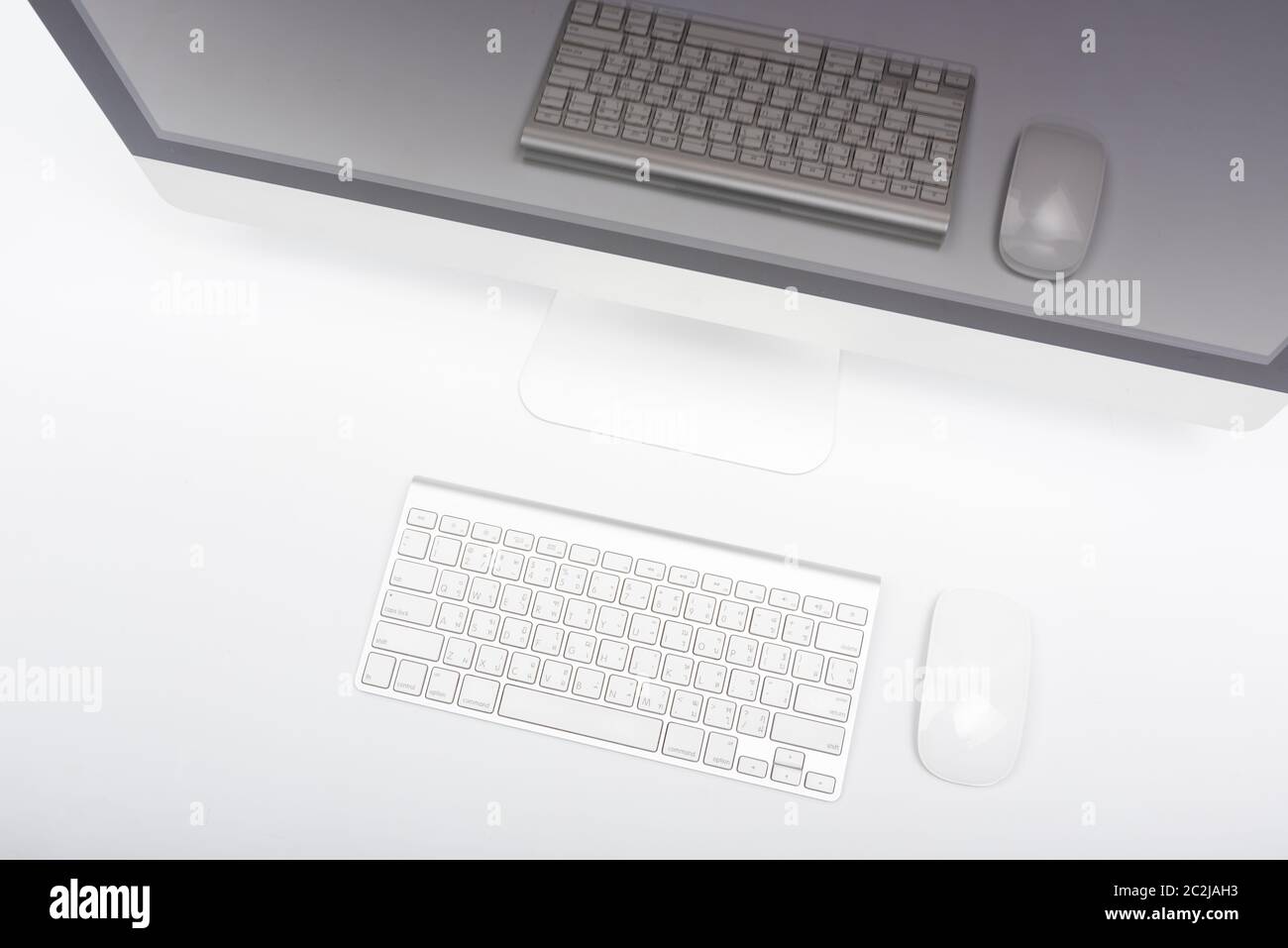 Top view monitor computer retina display, mouse, keyboard and blank ...