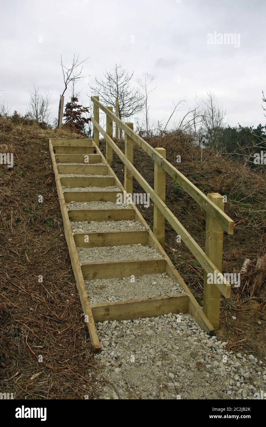 New set of steps up a slope on a rural footpath with a timber handrail ...