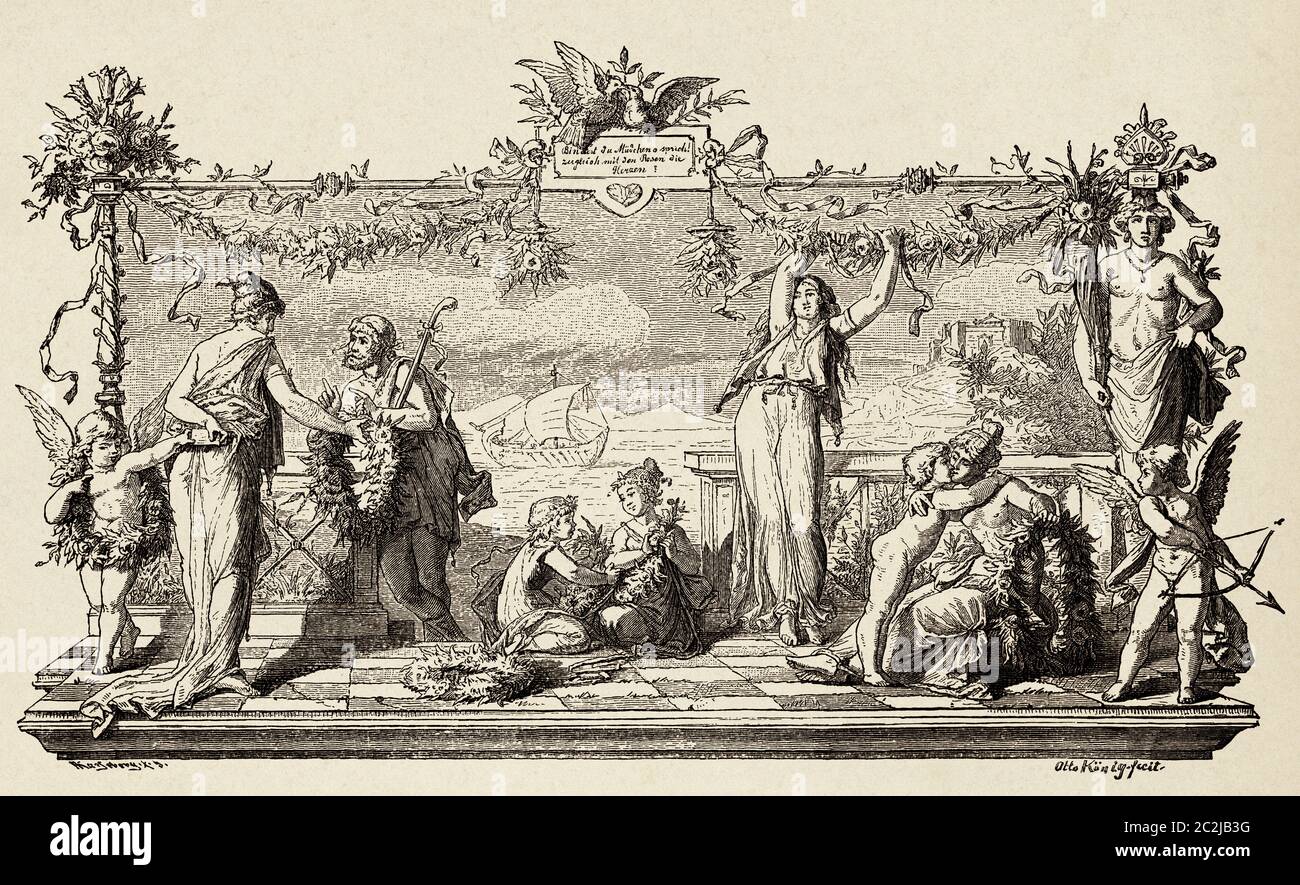 Cupid and flower seller scene in Ancient Greece. Old 19th century ...