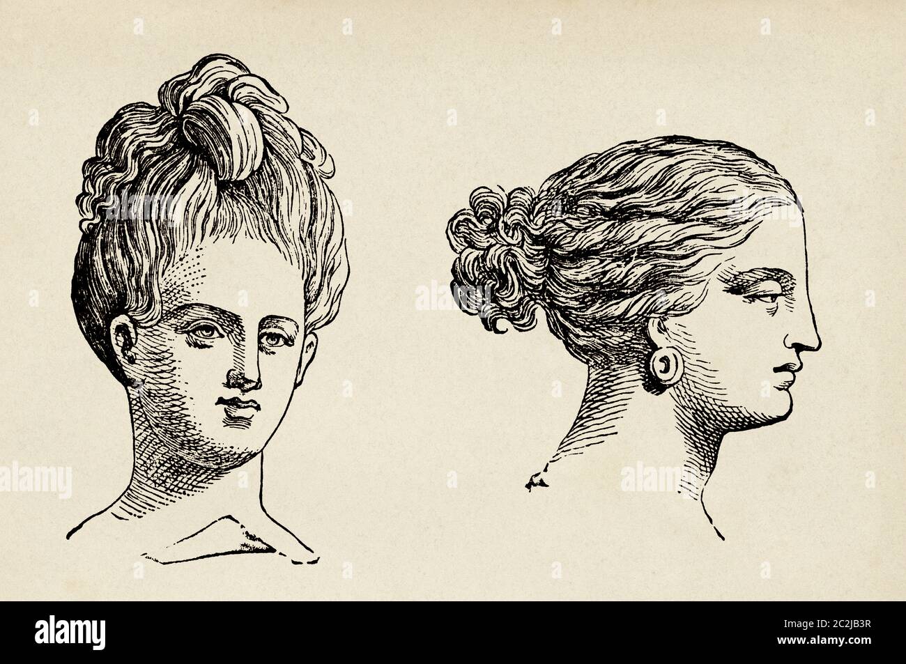 Greek hairstyles from Etruscan vases, Ancient Greece. Old 19th century ...