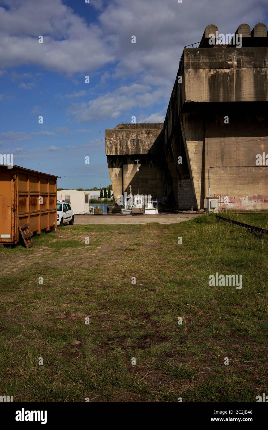 View of the bombproof World War 2 German submarine base and pen in the ...