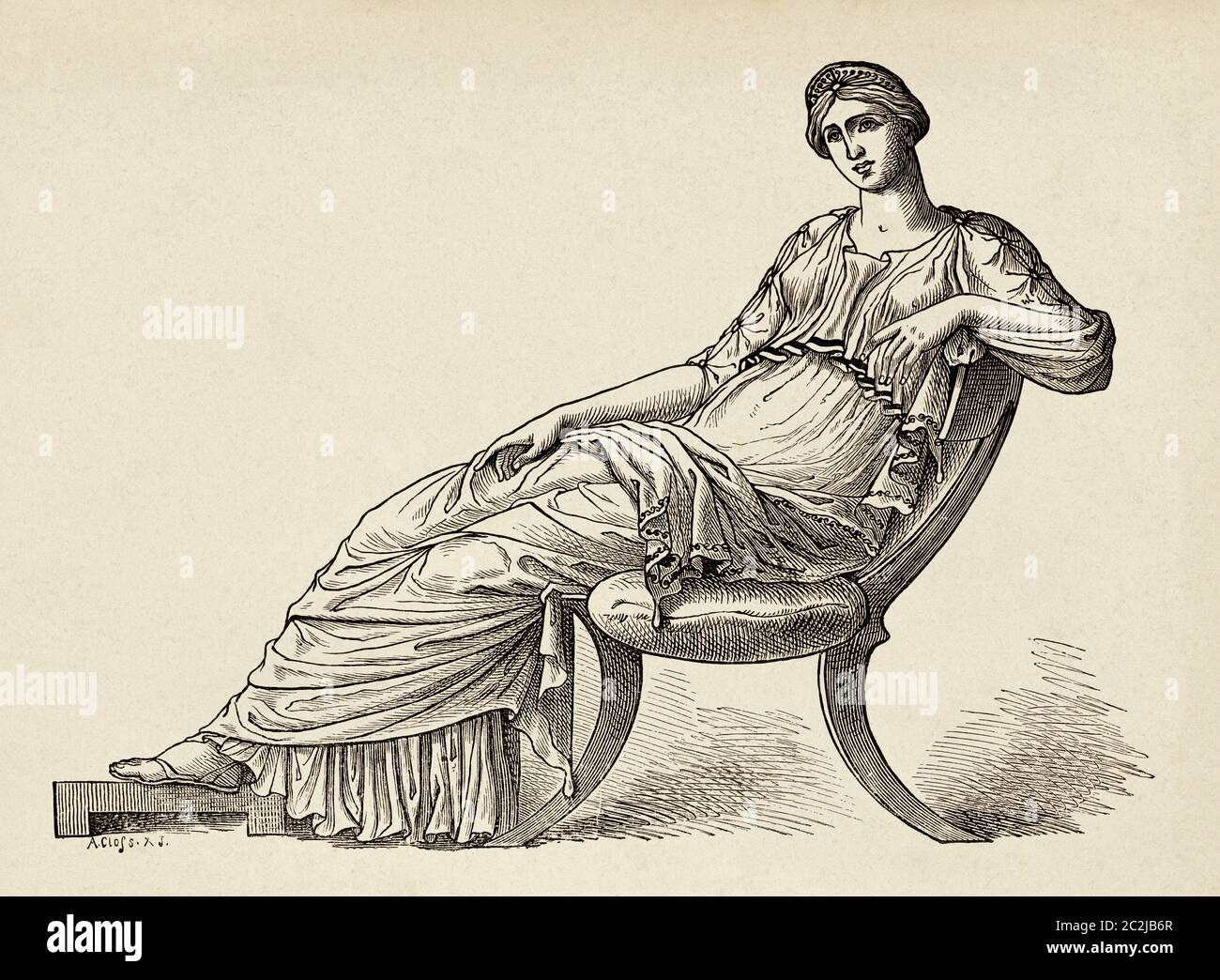 Greek woman sitting, Ancient Greece. Old 19th century engraved ...