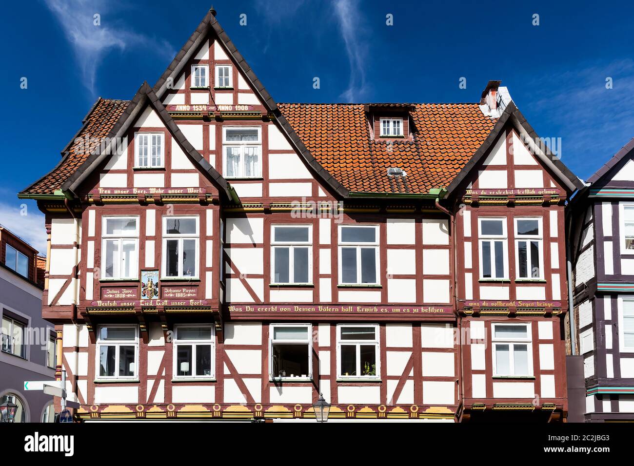 Half-timbered gable with wooden windows of an old half-timbered house ...