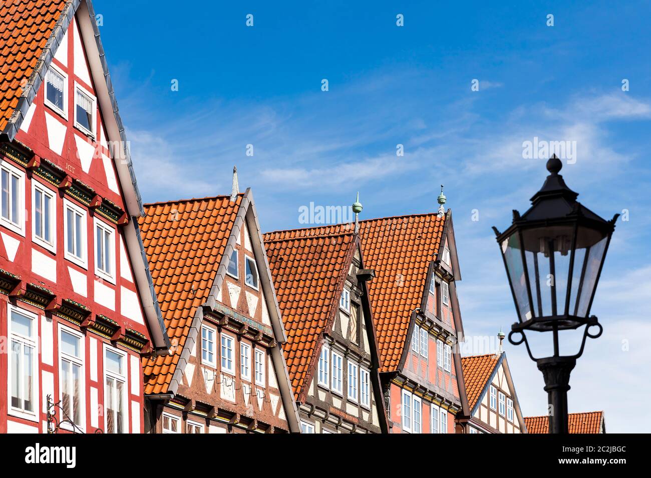 Half-timbered gable with wooden windows of an old half-timbered house ...