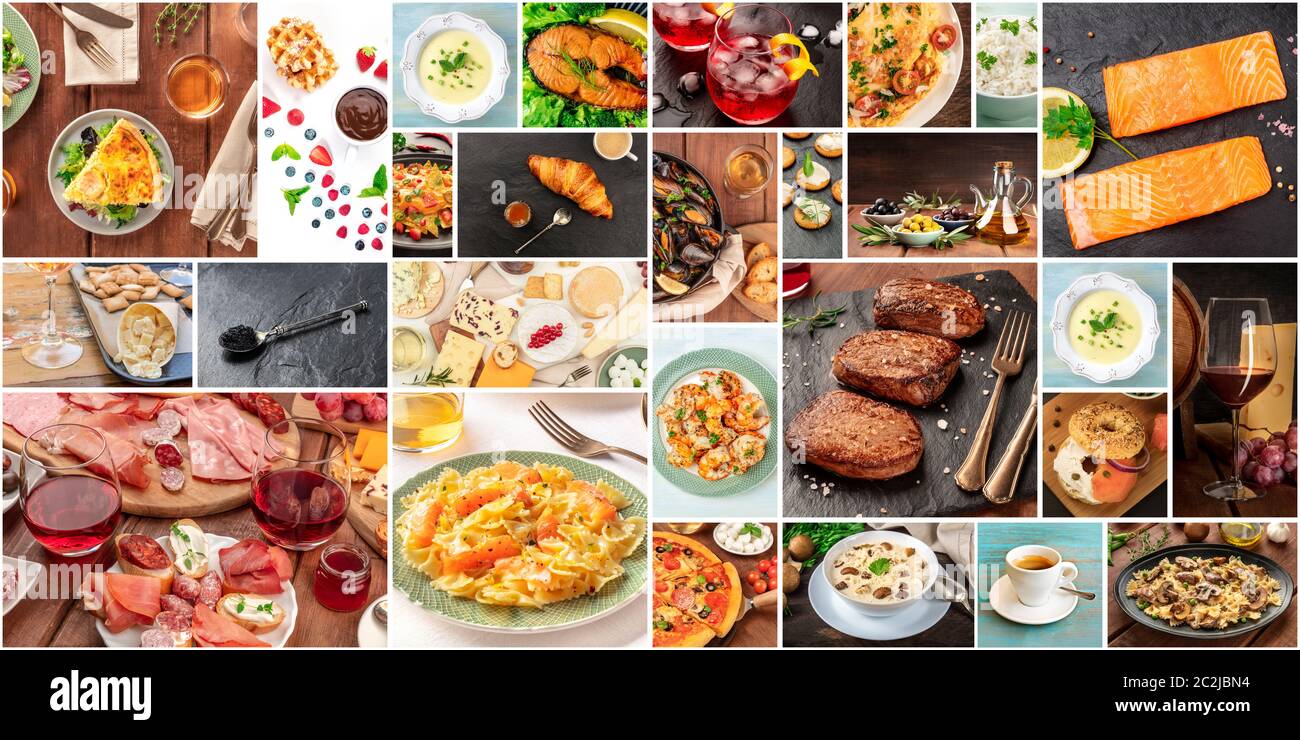 Food Collage. Many photos of tasty dishes, a design template for a ...