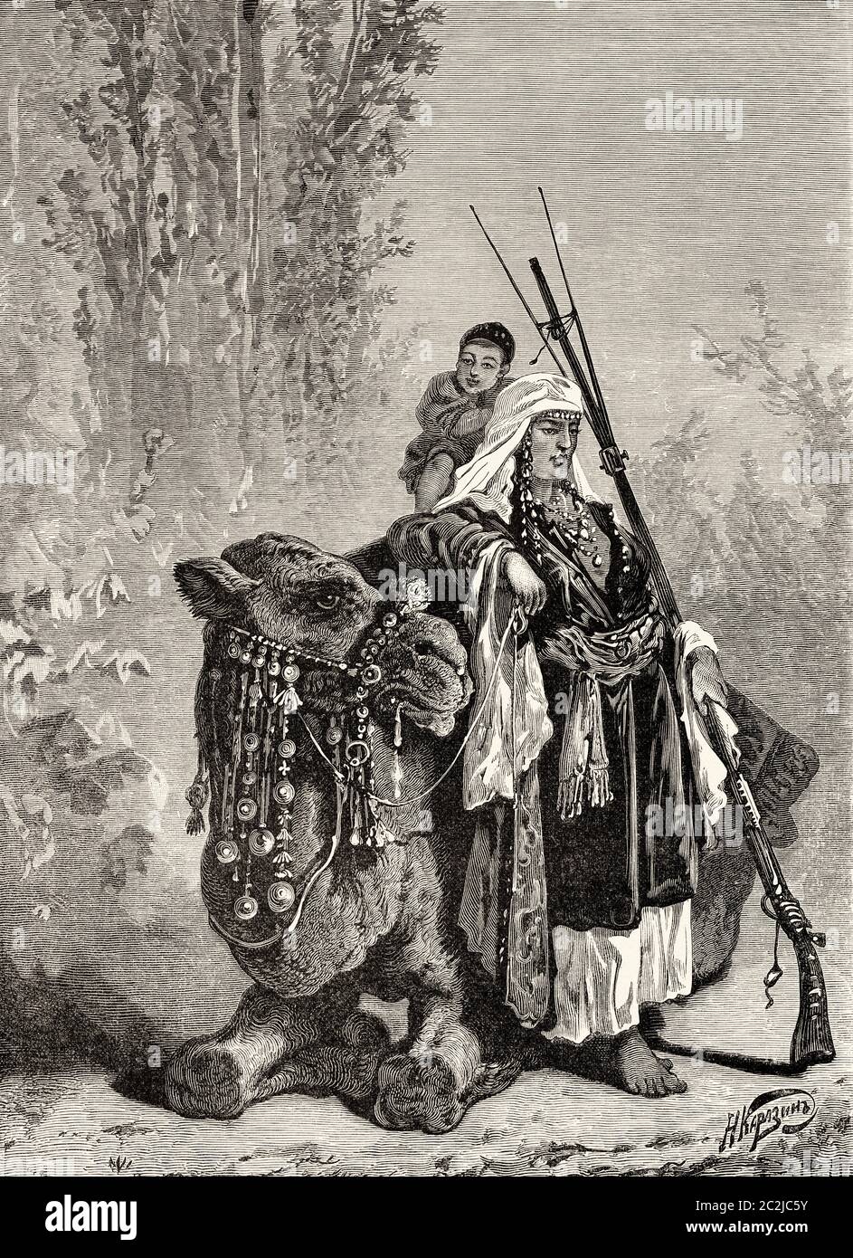Turkmen woman with camel, traditional weapon and child. Turkmenistan ...