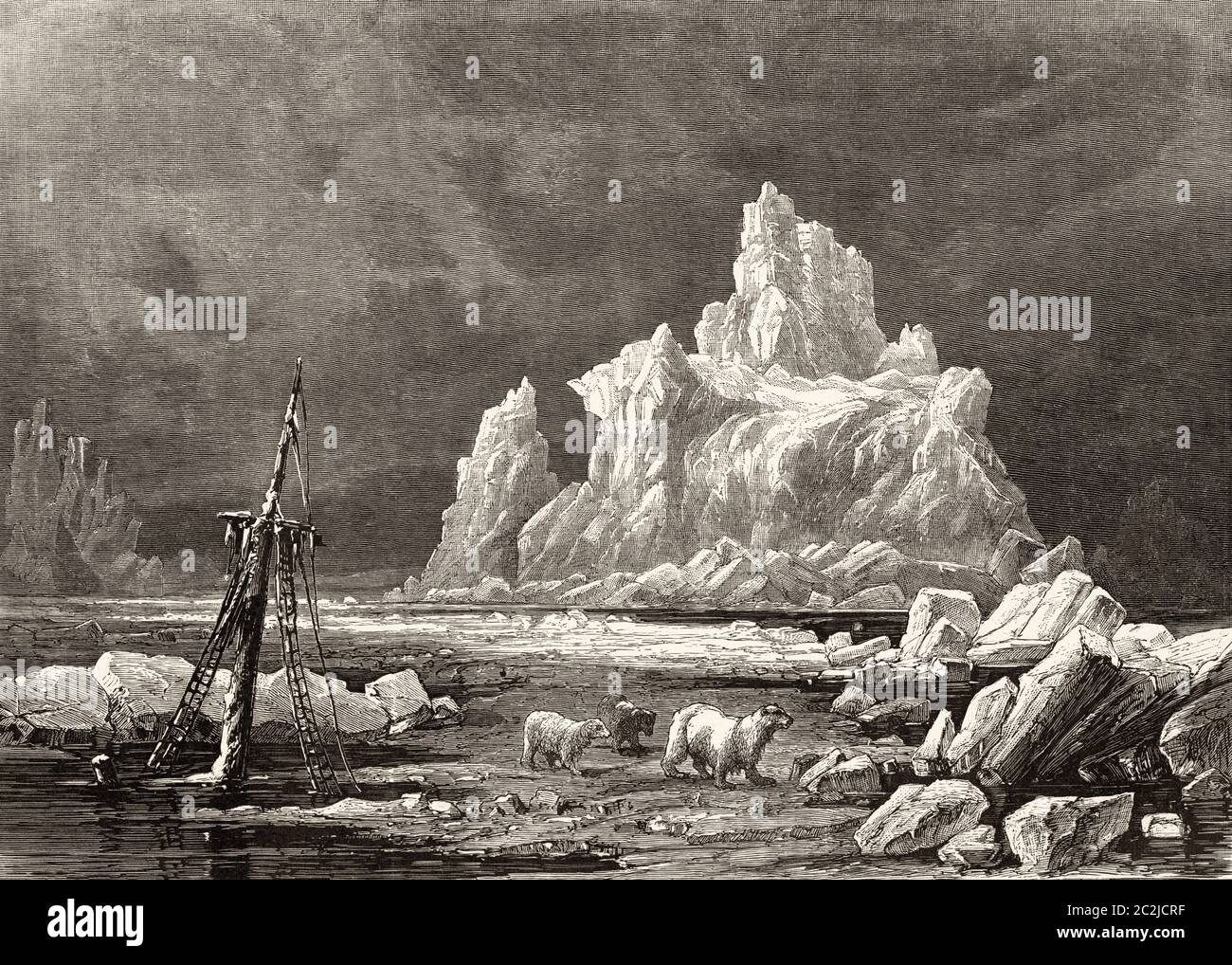 Panoramic view of an iceberg, polar bears and a ship lying in the sea ...