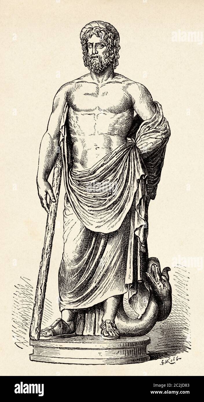 Statue of Asclepius with his serpent-entwined staff. Ancient Greece ...