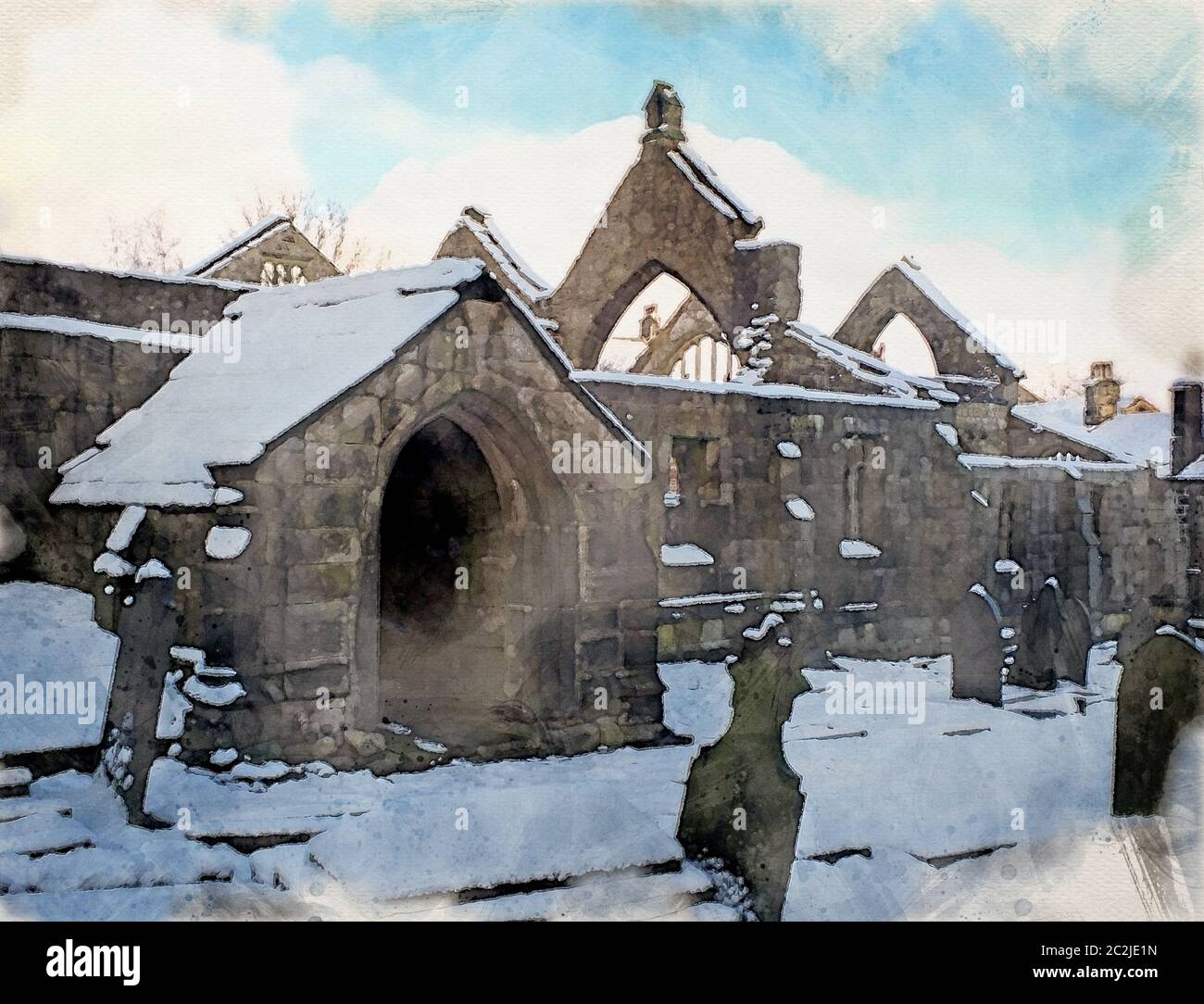 watercolor painting of the ruined medieval church in heptonstall in ...