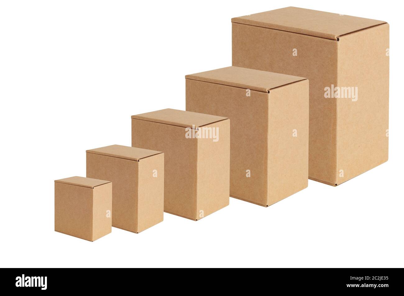 Cardboard boxes of various sizes are arranged in a row diagonally ...
