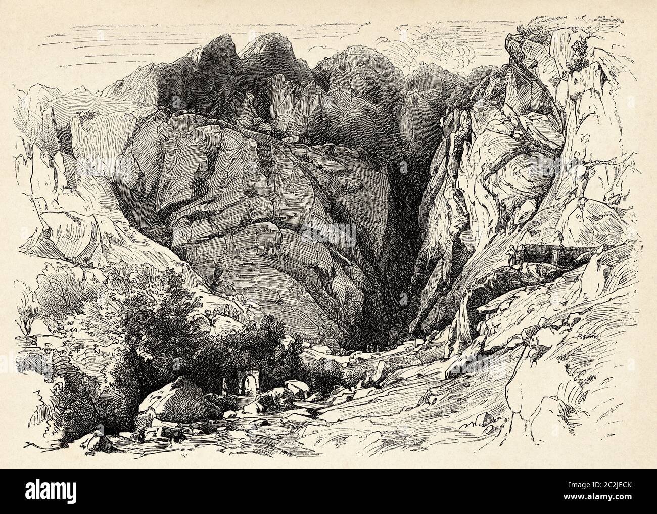 The Ravine at Delphi, Ancient Greece. Old 19th century engraved ...