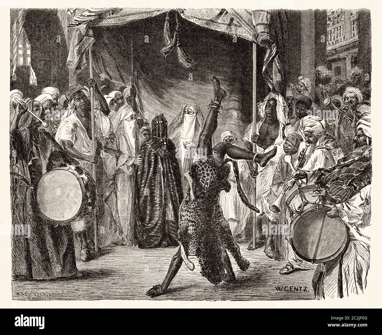 An Arab Wedding Procession at Cairo, Ancient Egypt. Old 19th century ...