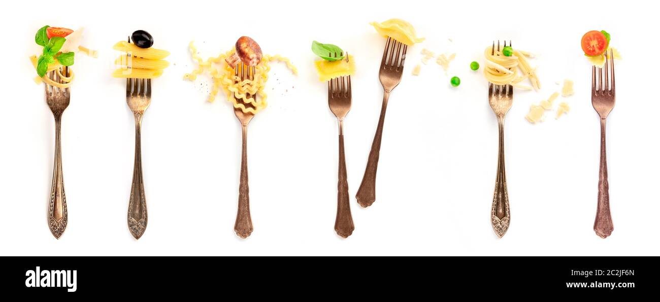 Italian food collage. Pasta design elements. Many forks with pasta and ...