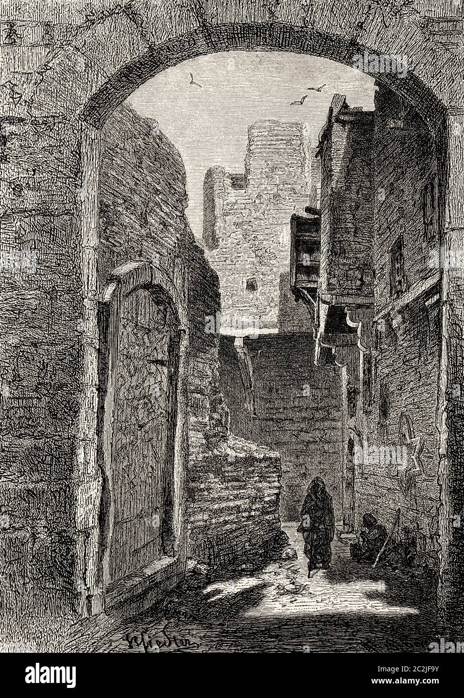 Cairo street in 19th century, Ancient Egypt. Old 19th century engraved ...
