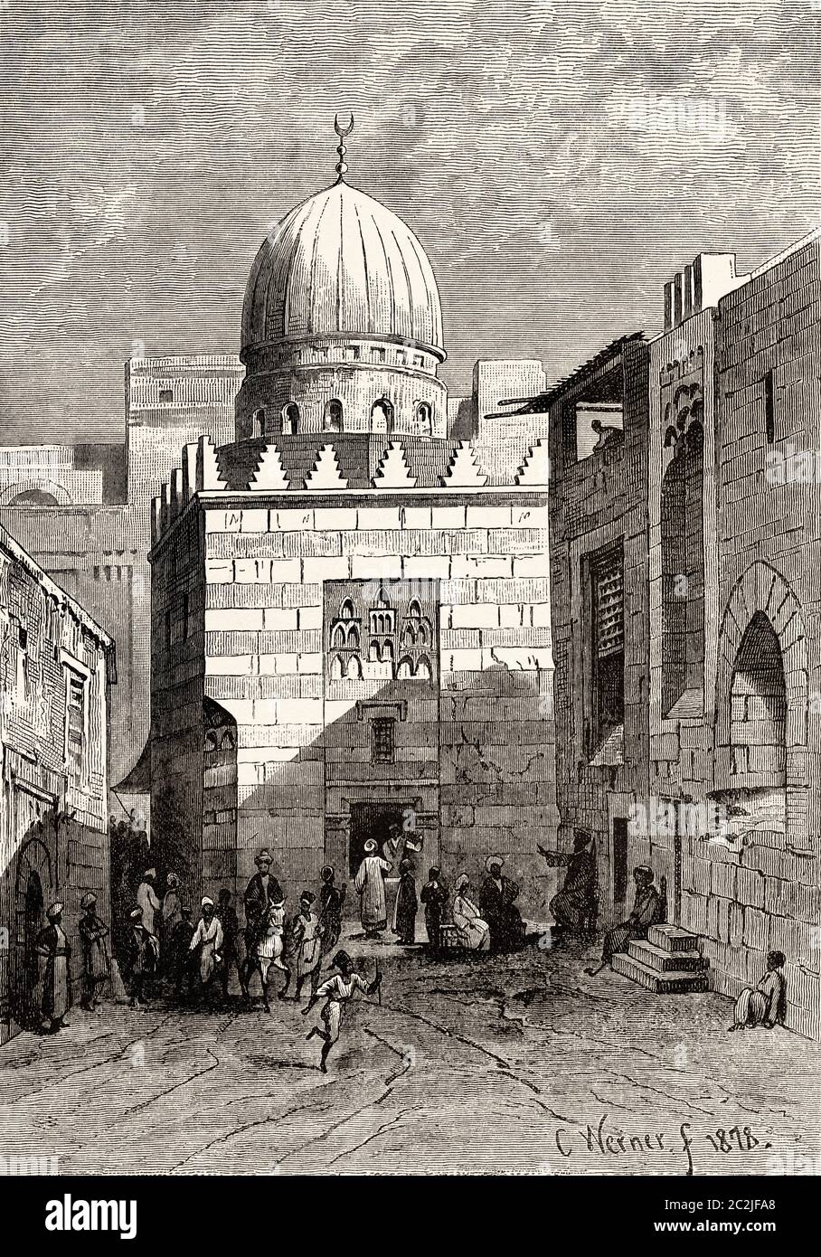 Street and mosque in 19th century Cairo, Ancient Egypt. Old 19th ...
