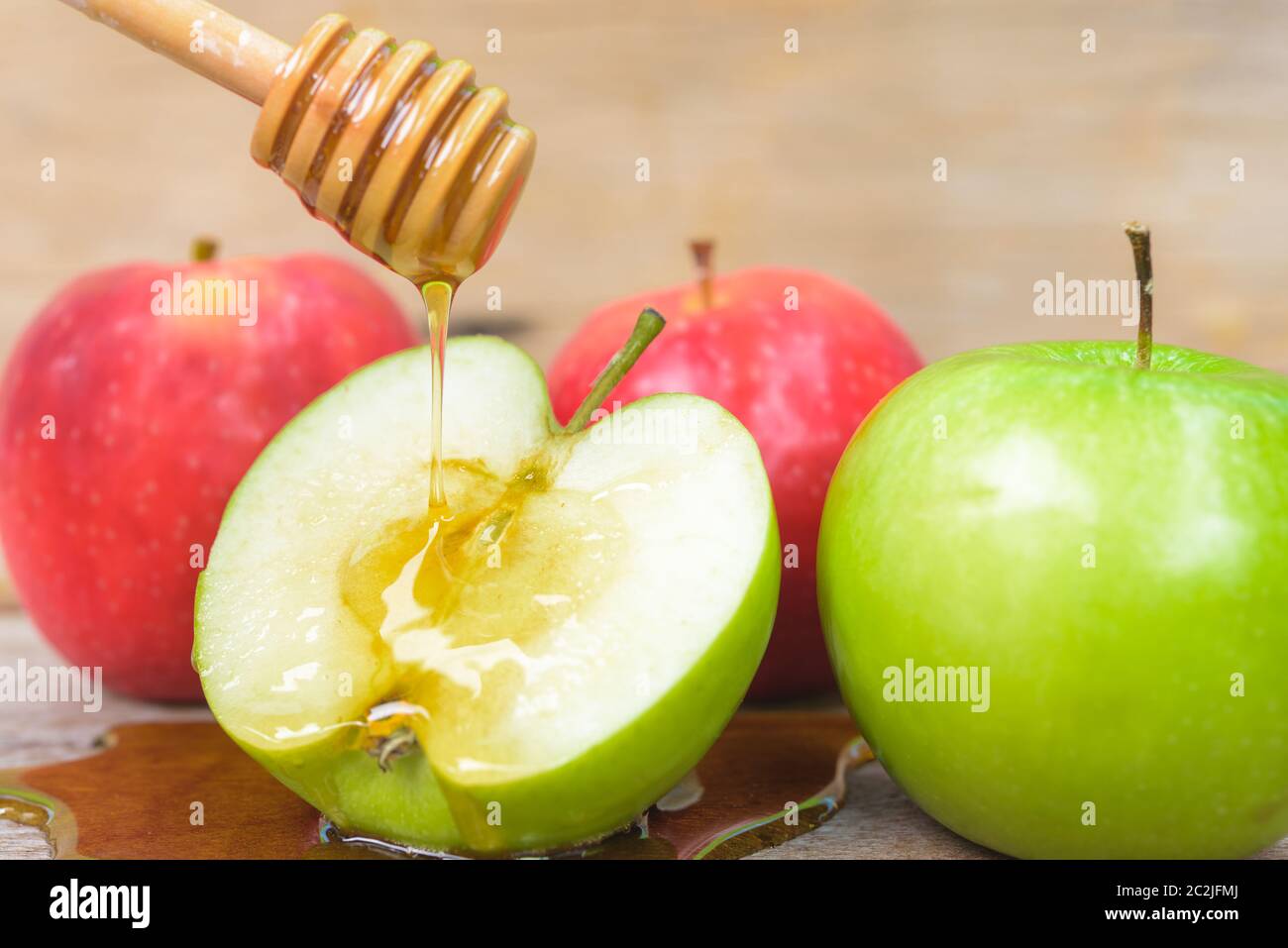 Jewish holiday, Apple Rosh Hashanah, the photo have honey in jar and ...