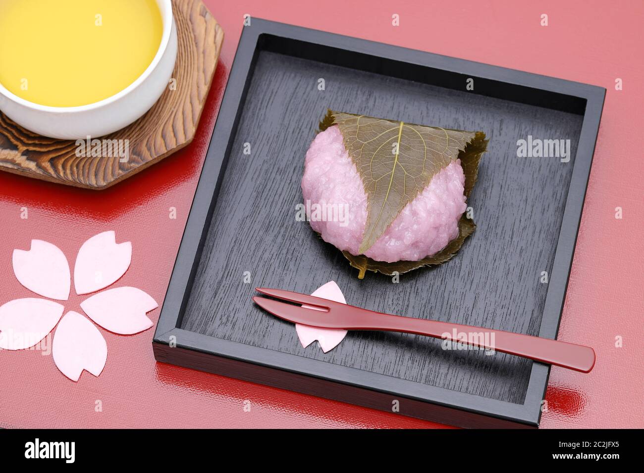 Japanese confectionery, Sakura mochi dessert made of rice cake Stock ...