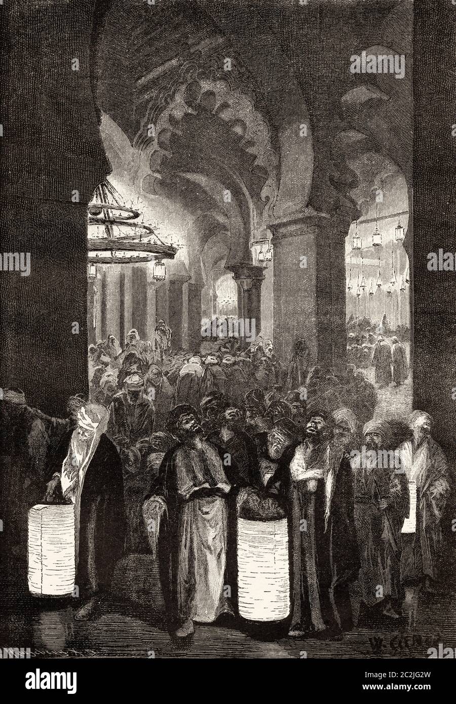 Muslims praying a ramadan night in a mosque in Cairo, Ancient Egypt ...