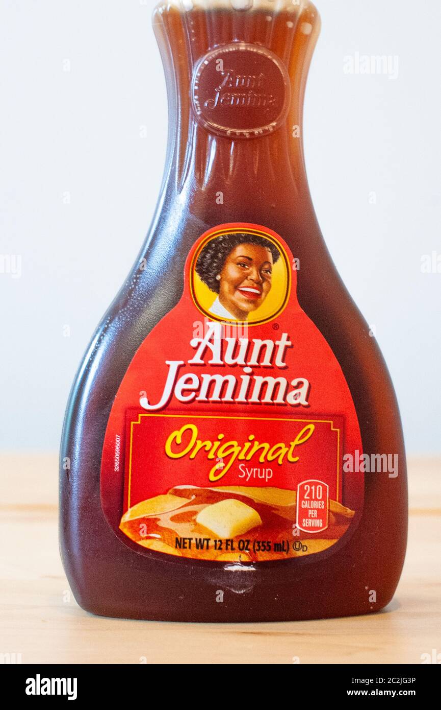 New York, USA. 17th June, 2020. Aunt Jemima Syrup sits on a table on ...