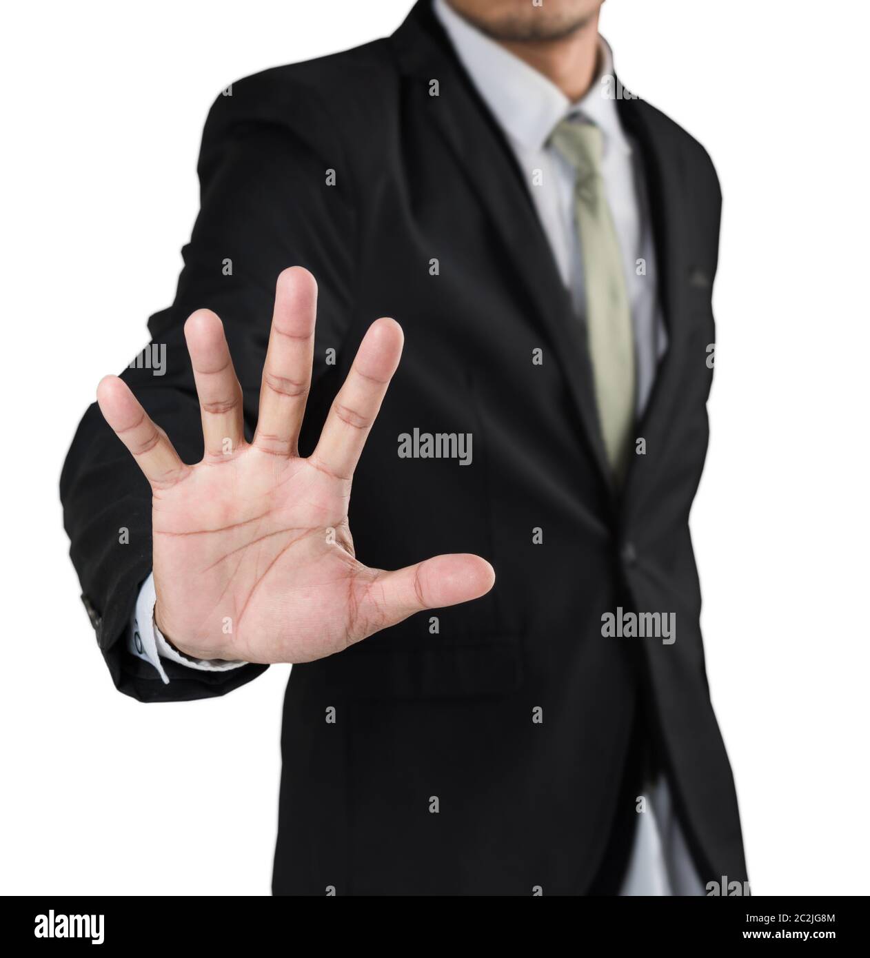 Businessman with raised opening hand making No more gesture, No More ...