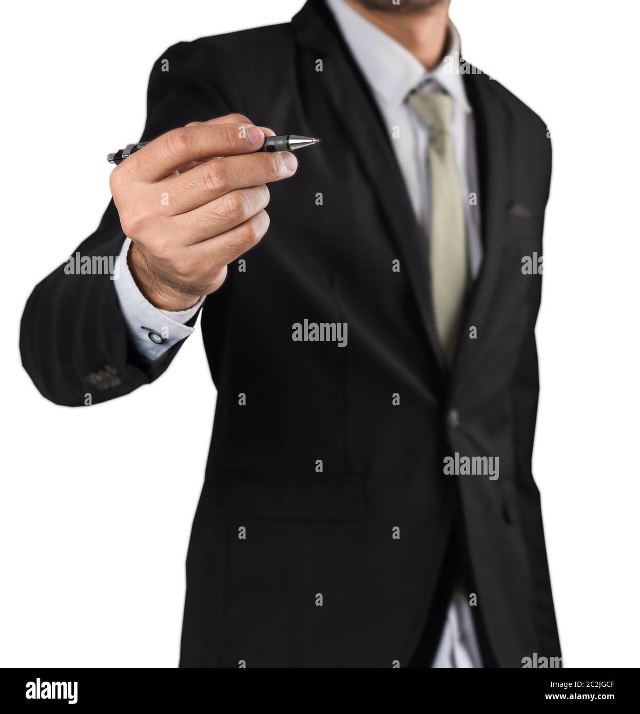 Businessman writing, drawing blank screen isolate on white background ...